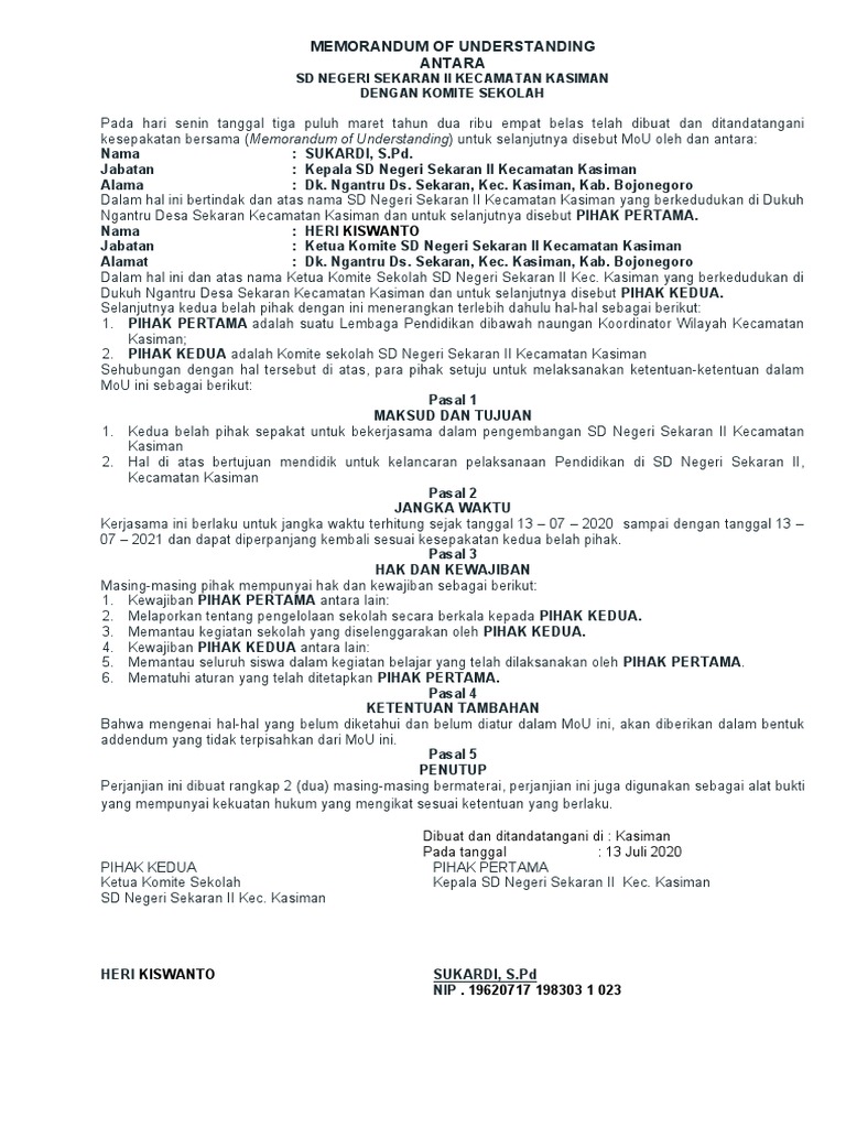 Contoh MoU Kantin Sekolah | PDF