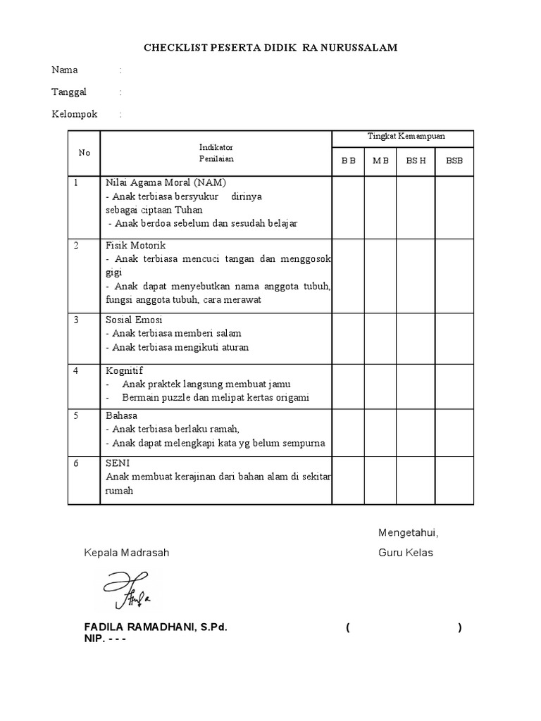 Checklist Peserta Didik Ra Nurussalam | PDF