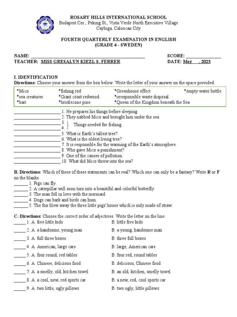 English 4 3rd Quarter Exam | PDF