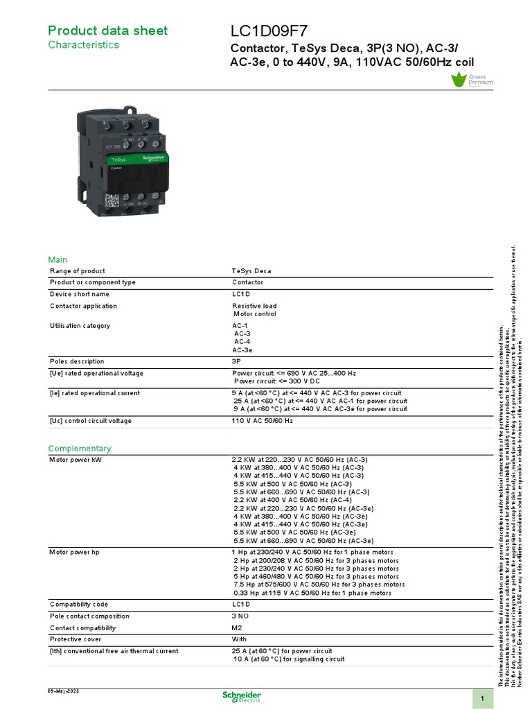 Product Data Sheet for TeSys Deca Contactor, 3P(3 NO), AC-3/AC-3e, 0 to ...