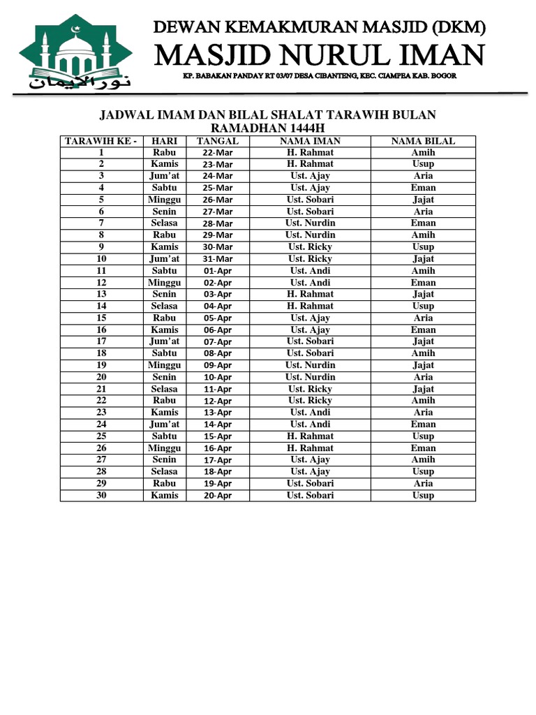 Jadwal Imam Dan Bilal Shalat Tarawih Bulan Ramadhan 1444H | PDF