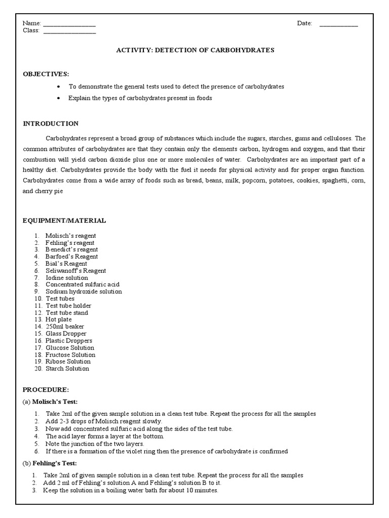 Carbohydrate Detection Activity Guide | PDF | Carbohydrates | Chemistry
