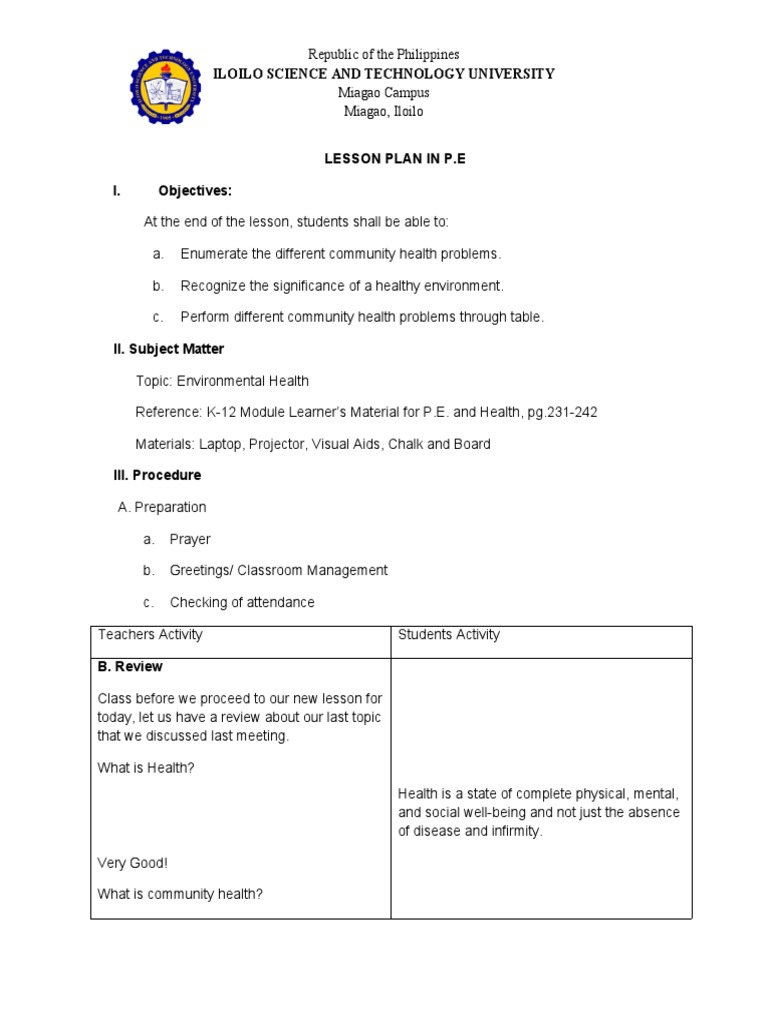 Environmental Health Detailed Lesson Plan in P.E | PDF | Sanitation ...