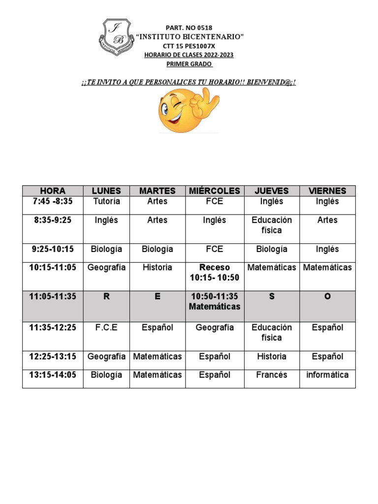 Primer Grado Horario 2022-2023 | PDF