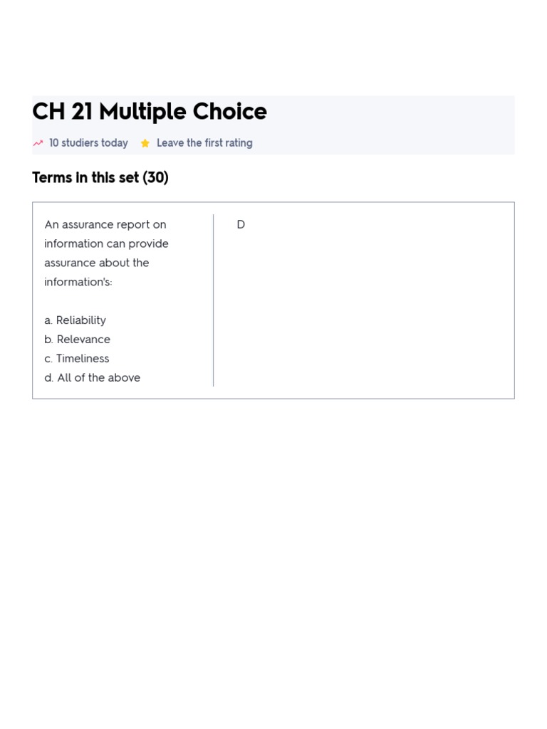 Ch 21 Multiple Choice Flashcards Quizlet Pdf Audit Financial Audit