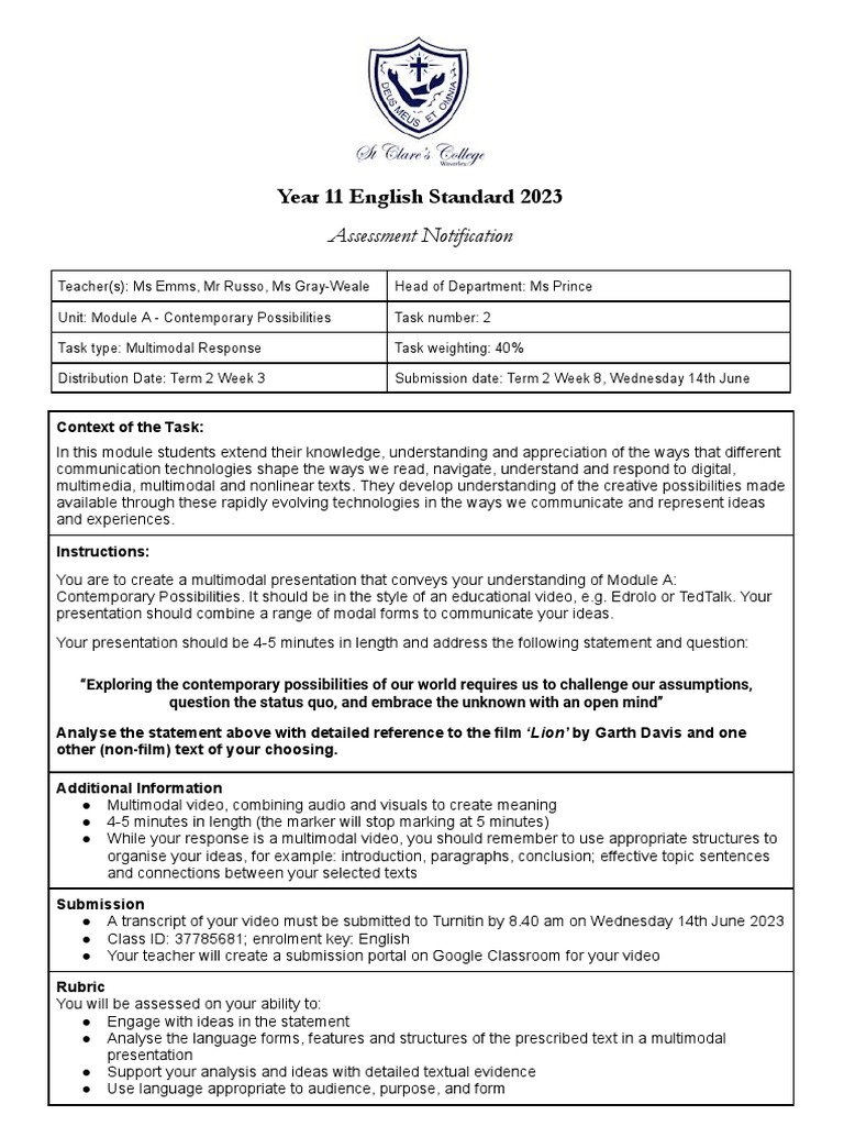 2023 11 English Standard Task 2 Notification Contemporary Possibilities ...