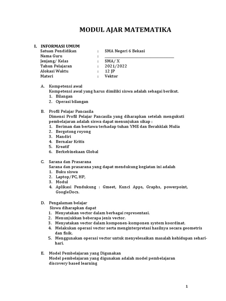 Modul Ajar - MTK X Vektor | PDF