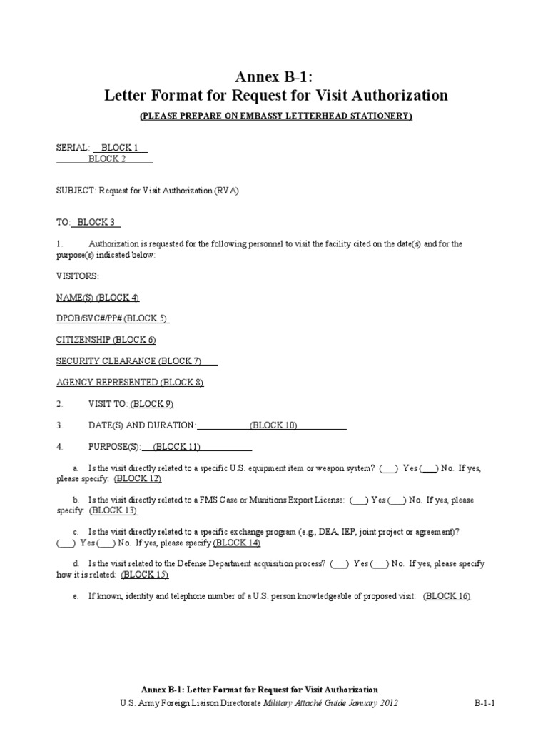 Annex B-1 - Letter Format For Request For Visit Authorization | PDF | Classified Information ...