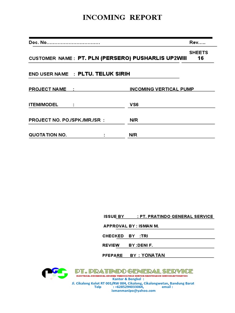 Incoming Report Report Vertical Pump (VS6) | PDF