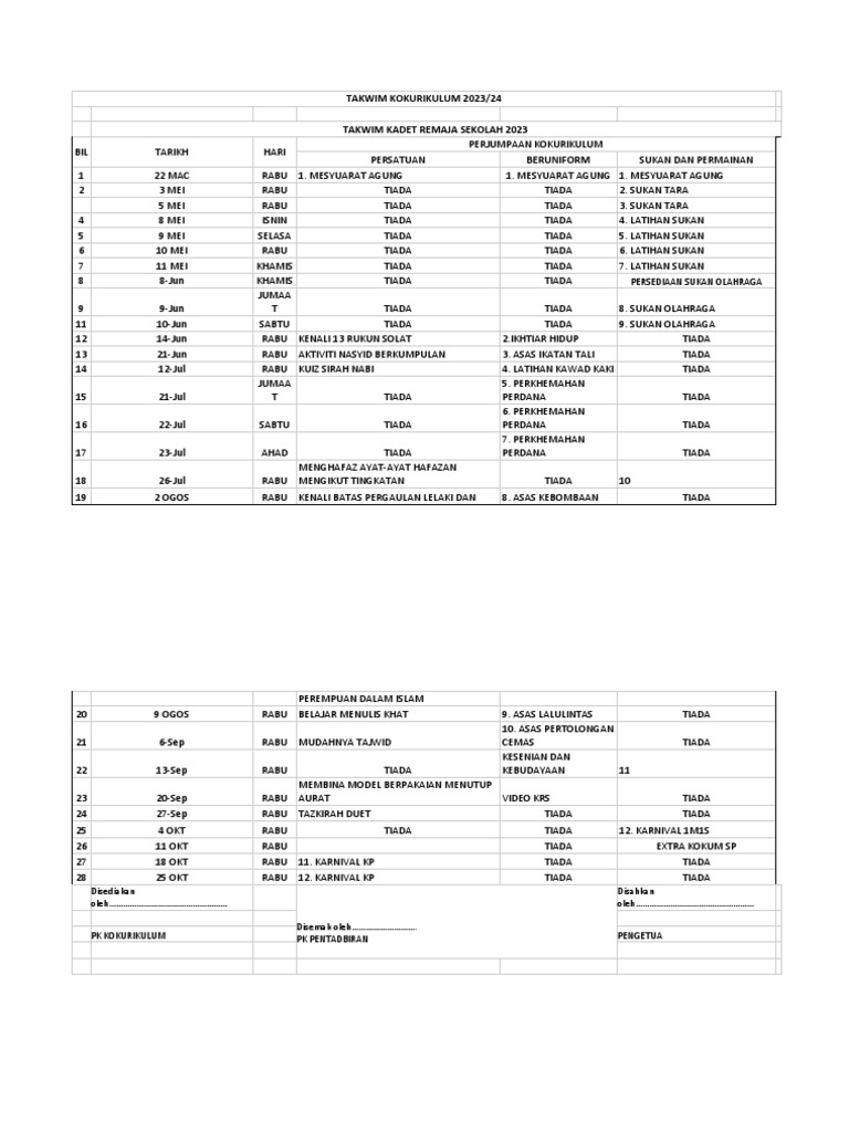 Takwim Kokurikulum KRS 2023 | PDF