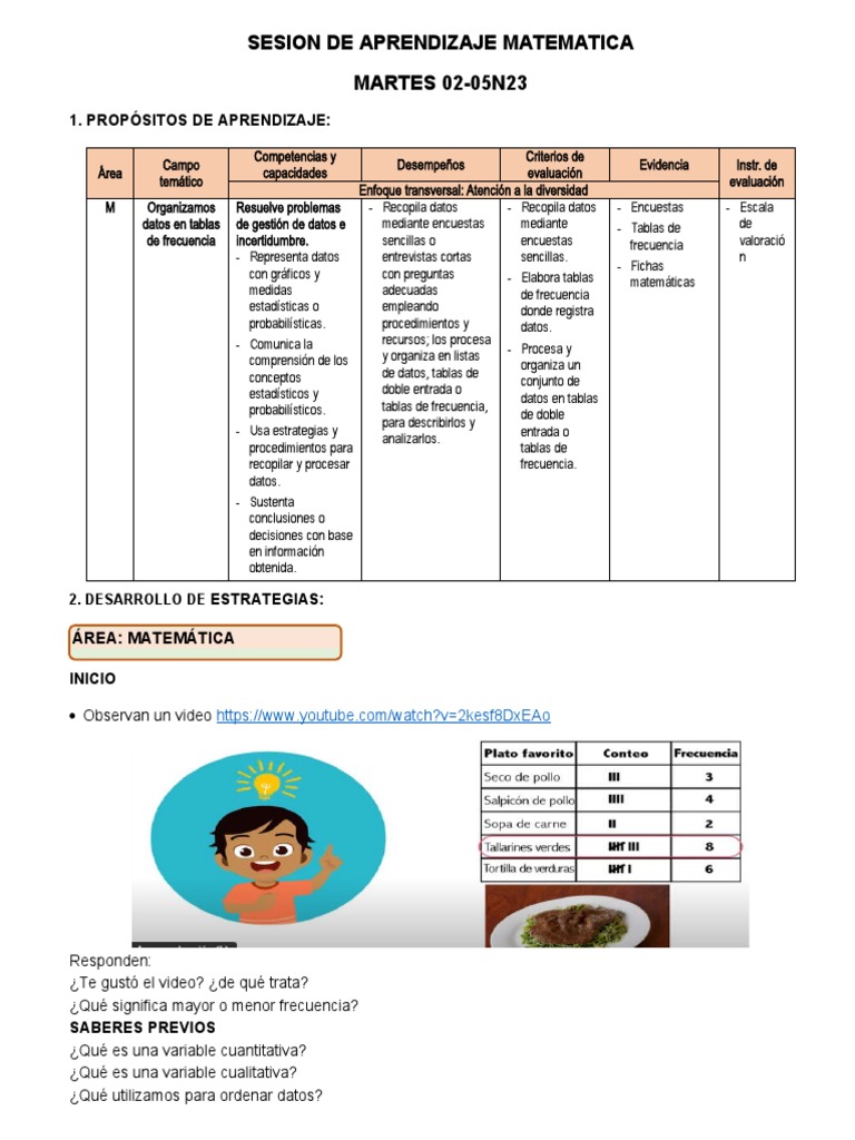 Sesion de Aprendizaje Matematica | PDF