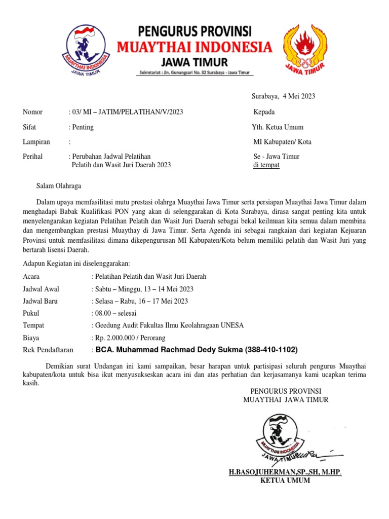 Surat Perubahan Jadwal Pelatihan Pelatih Dan Wasit Juri Daerah 2023 PDF | PDF