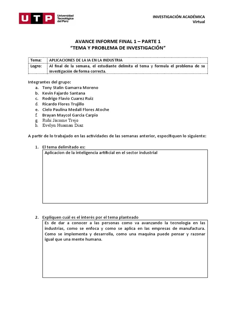 Semana 03-Formato - Avance de Informe Final 1 - Parte 1 - Tema y Problema de Investigación | PDF ...
