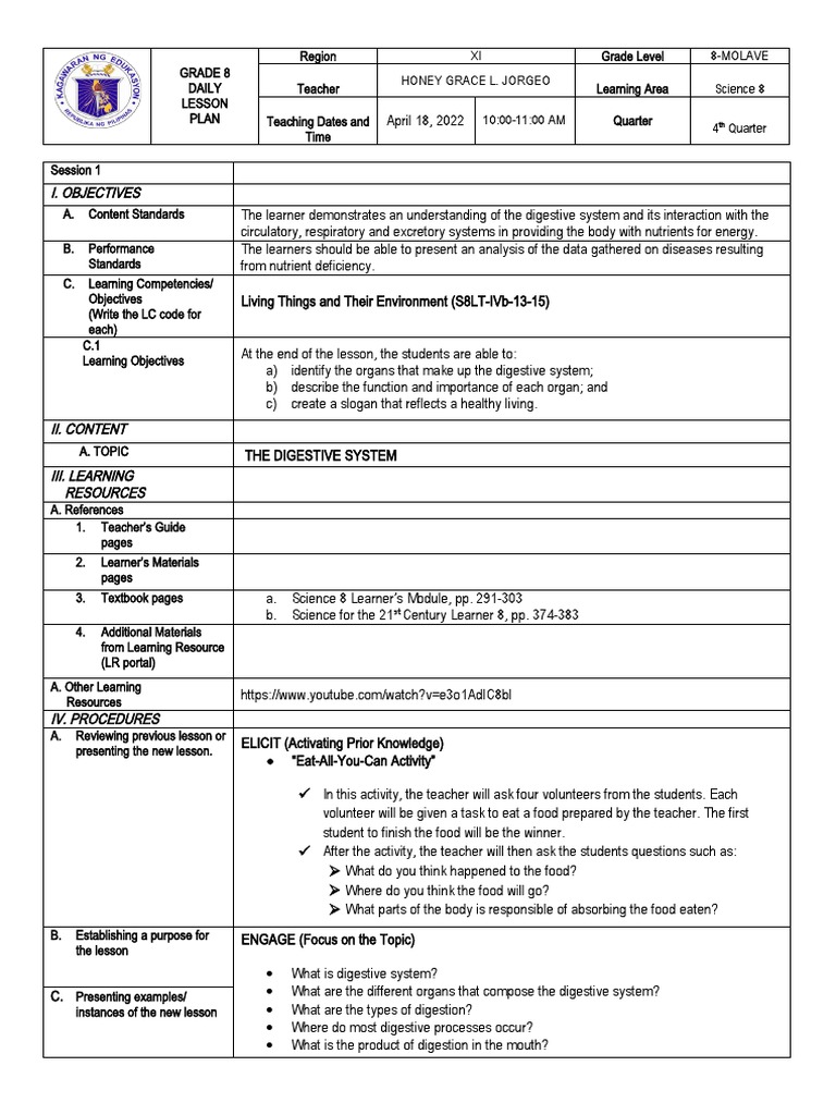 Grade 8 Digestive System Lesson Plan | PDF | Learning | Teachers