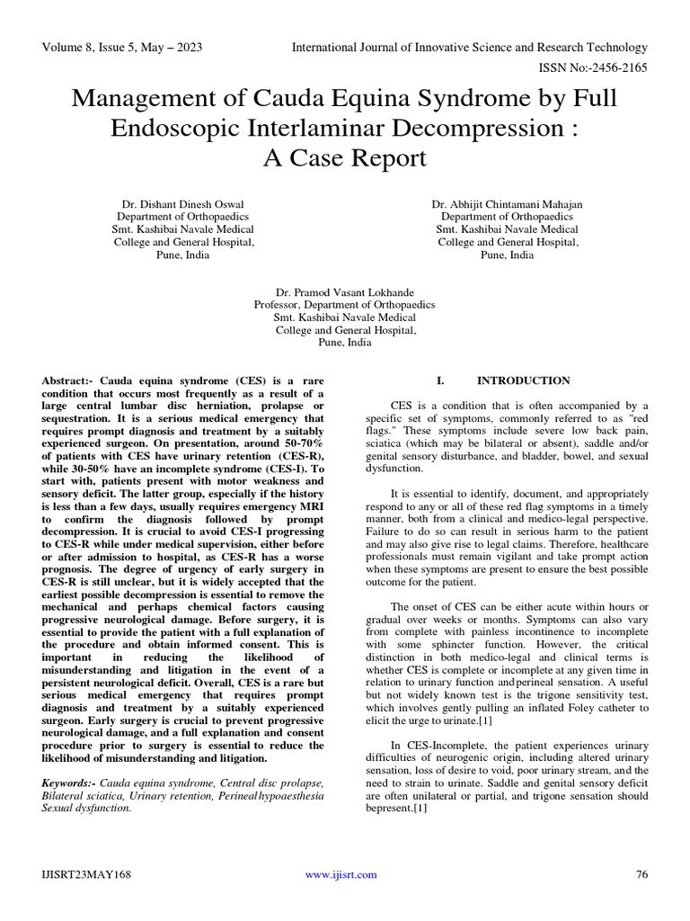 Management of Cauda Equina Syndrome by Full Endoscopic Interlaminar ...