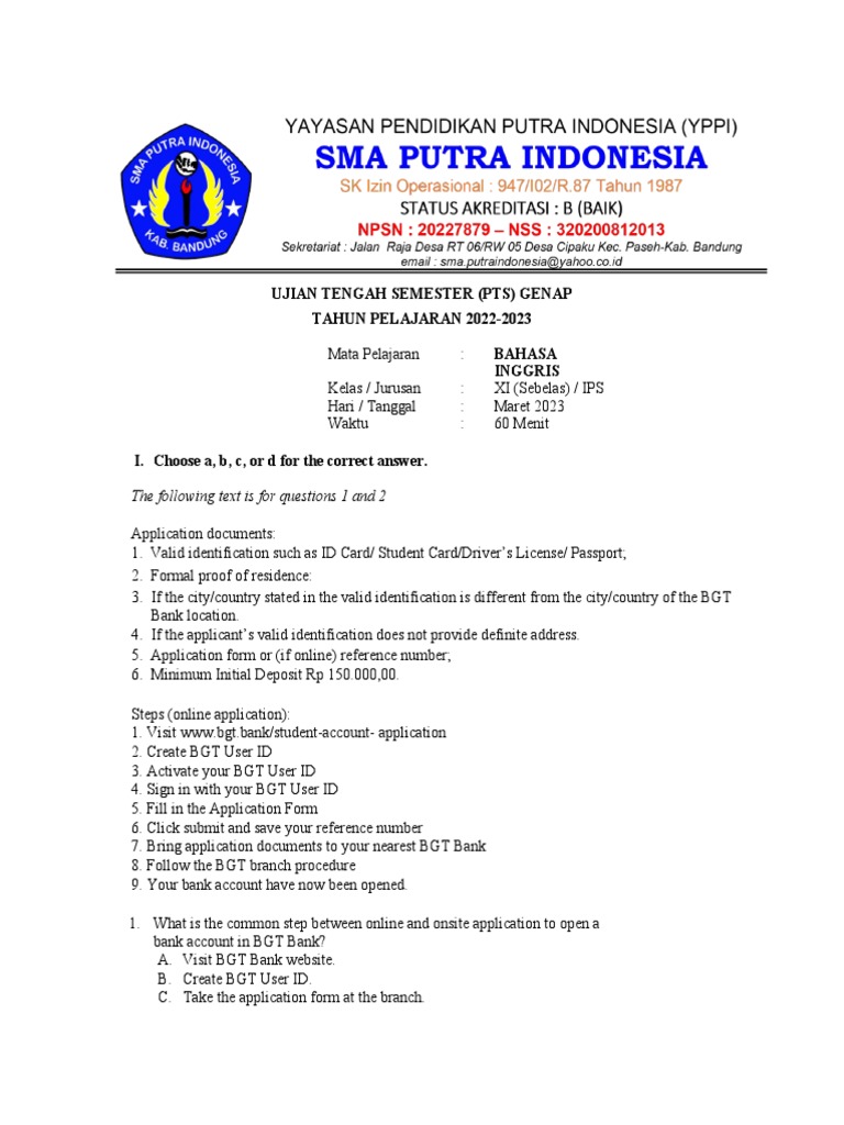 Soal PTS Genap - Bing Wajib - Xi - 2023 | PDF | Personal Identification Number | Icon (Computing)