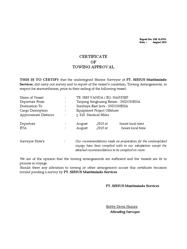 Towing Certificate | Download Free PDF | Water Transport | Shipping