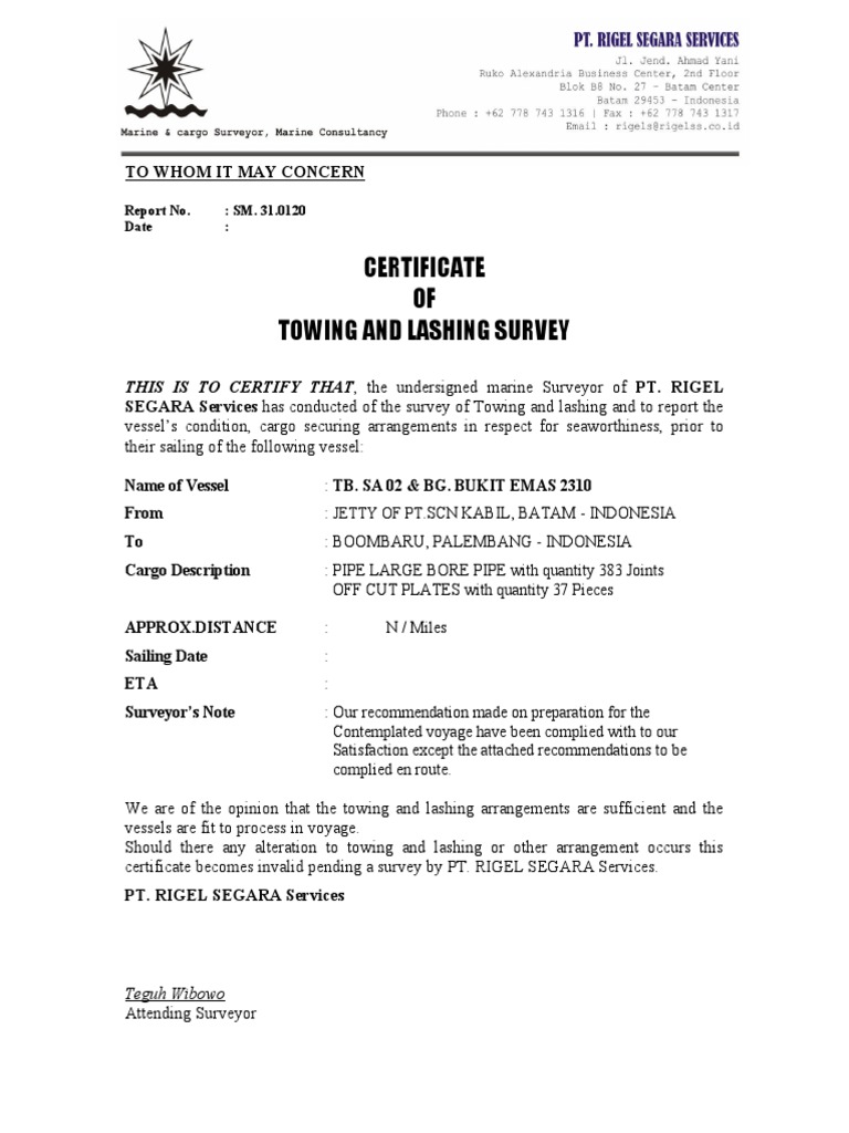 Certificat of TOWING & LASIHING Survey | PDF | Transport | Watercraft