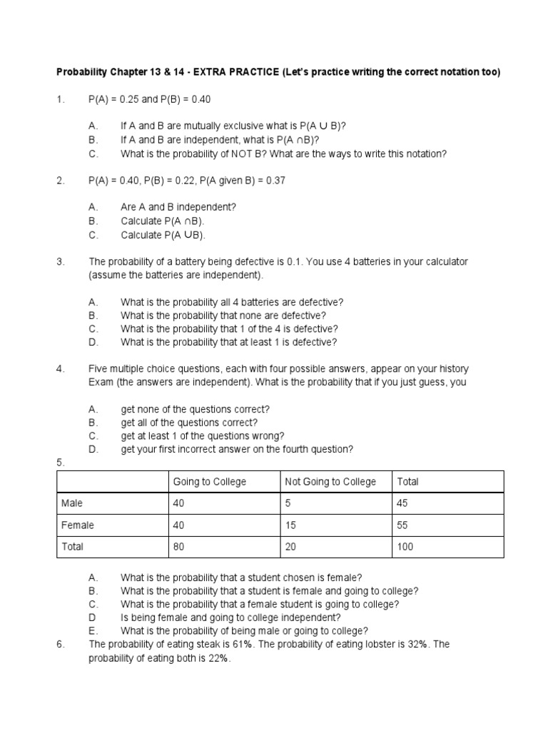 Probability Chapter 13 & 14 - EXTRA PRACTICE (Let's Practice Writing The Correct Notation Too ...