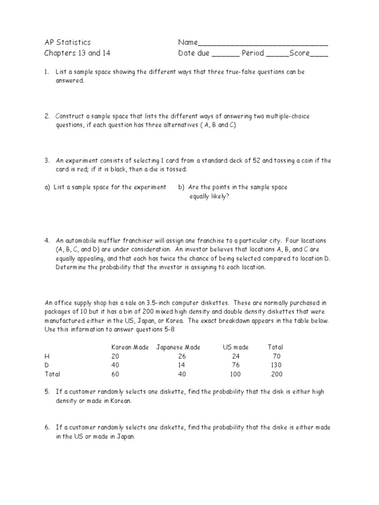 AP Statistics Name - Chapters 13 and 14 Date Due - Period - Score | PDF | Sampling (Statistics ...