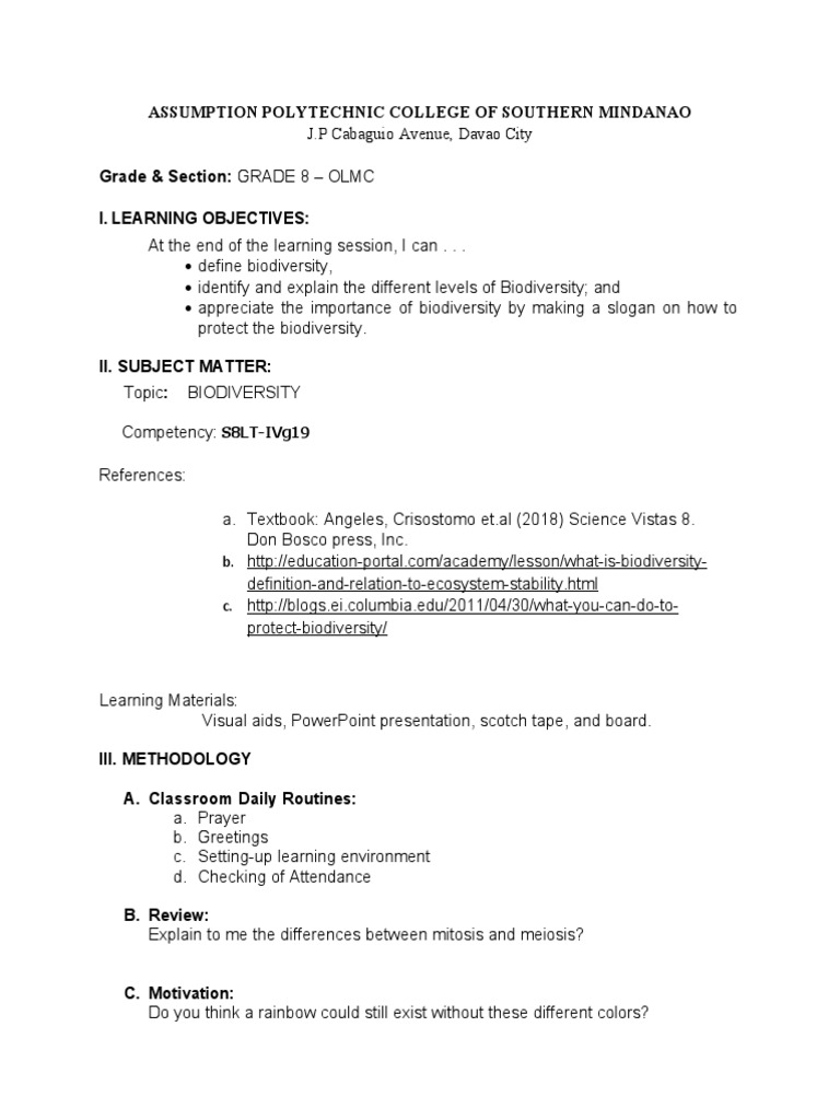 Grade 8 Lesson Plan Biodiversity | PDF | Biodiversity | Species