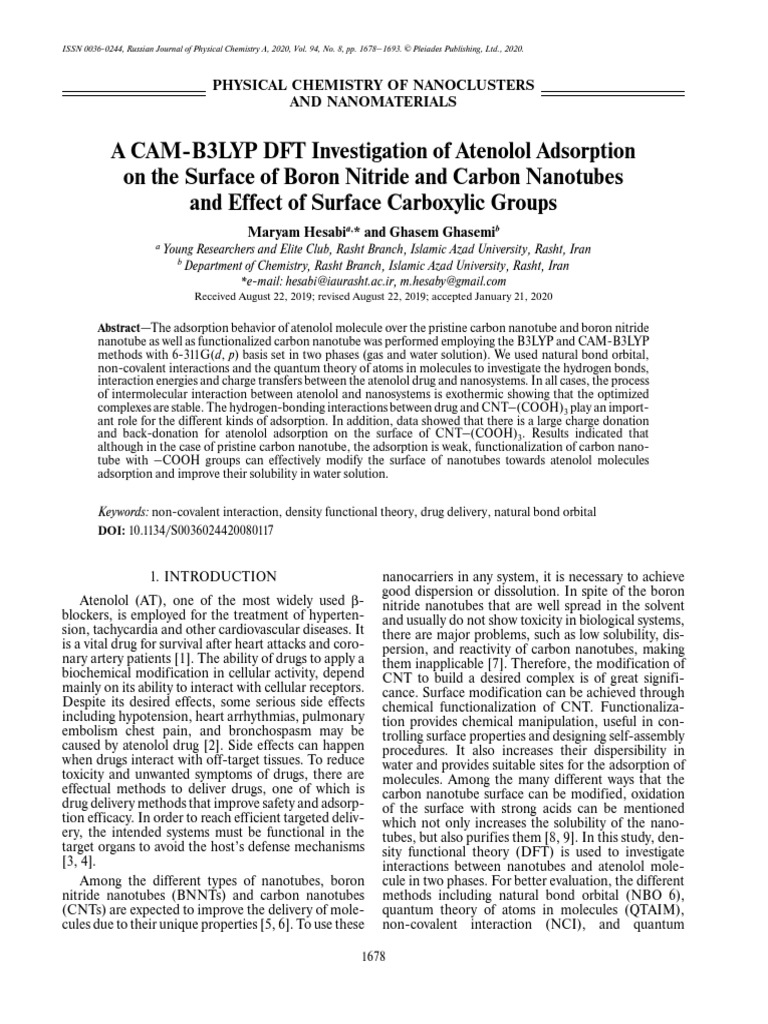 A CAM-B3LYP DFT Investigation of Atenolol Adsorption On BN and CNT PDF ...
