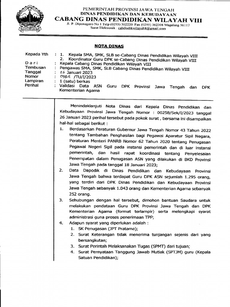 nodin validasi data ASN guru DPK Prov jateng dan DPK kemenag | PDF