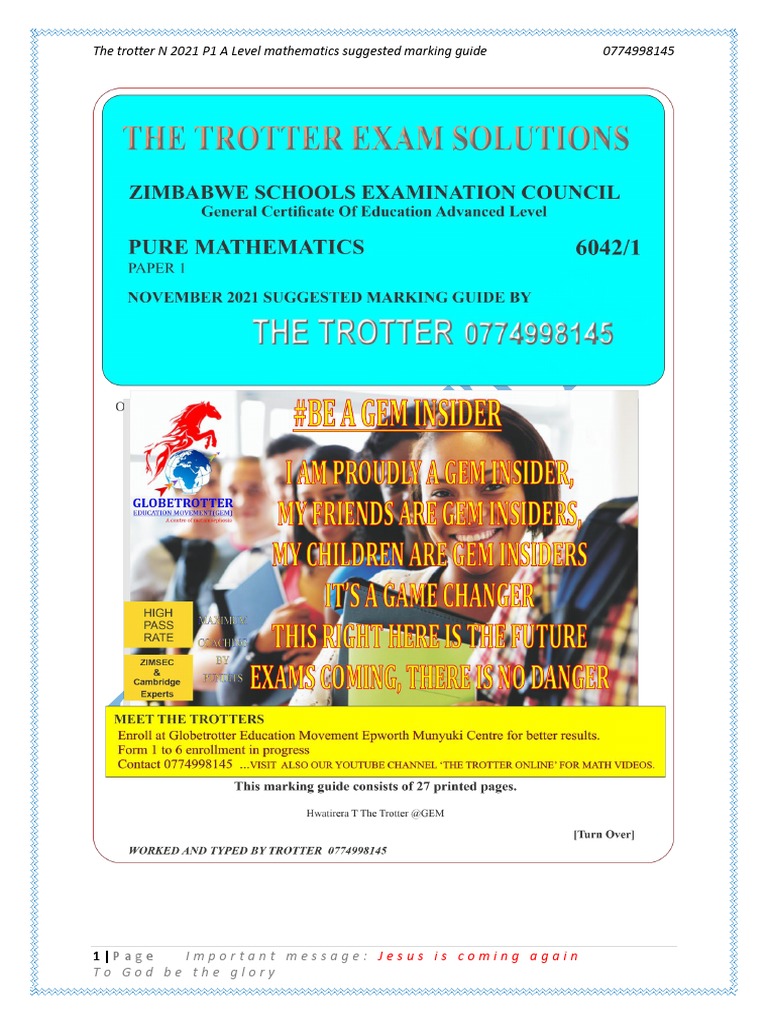 2021 Nov A P1 Pure Mathematics Suggested Marking Guide by The Trotter ...