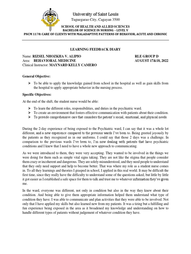 Alipio - Learning Feedback Diary PDF | PDF | Nursing | Psychiatry