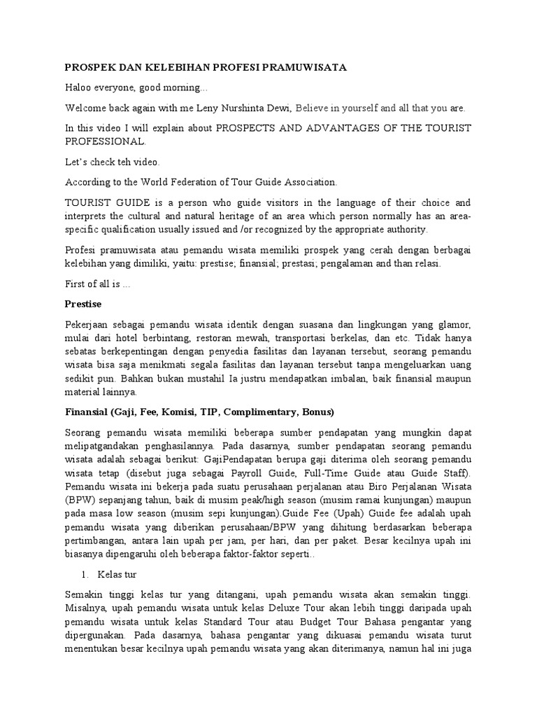 Prospek Dan Kelebihan Profesi Pramuwisata | PDF