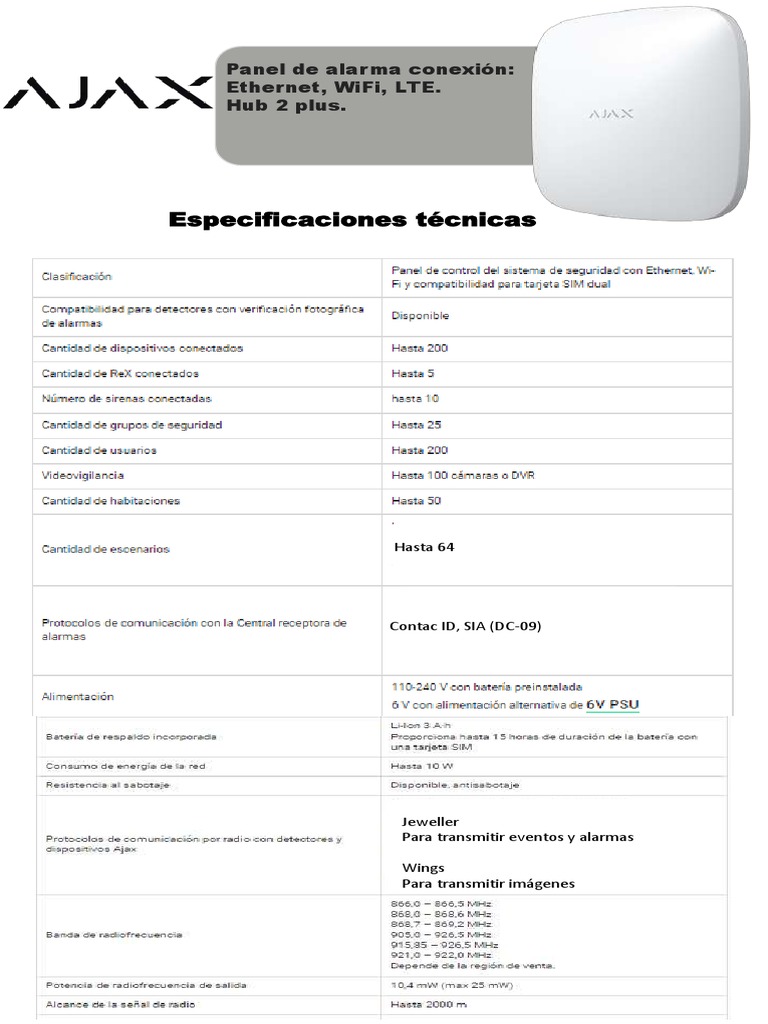 Especificaciones Tecnicas Hub 2 Plus | PDF