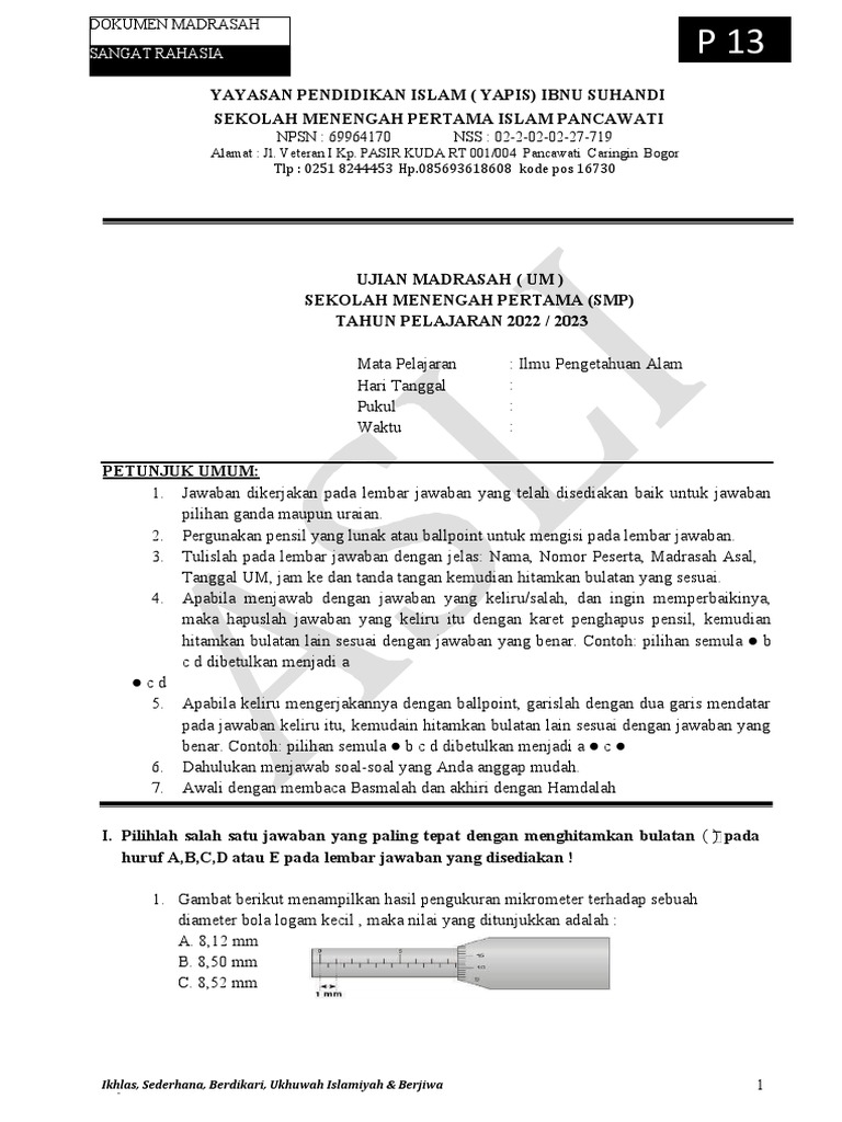 Ujian IPA SMP YAPIS Ibnu Suhandi | PDF
