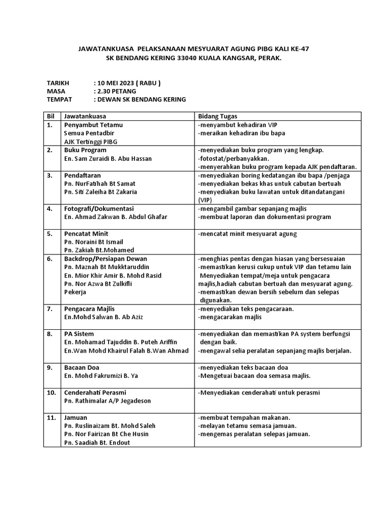 AJK pelaksanaan mesyuarat PIBG 2023 | PDF