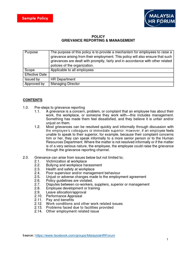 Sample Policy - Grievance Reporting & Management Policy PDF | PDF | Employment | Business