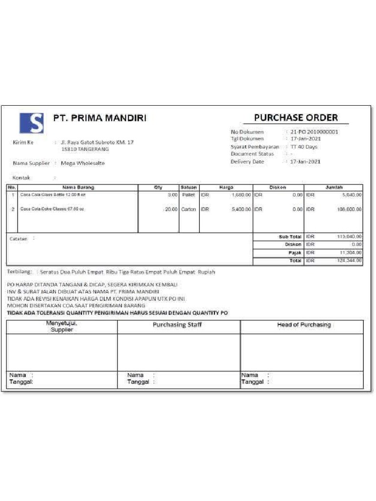 Contoh Purchase Order Perusahaan | PDF