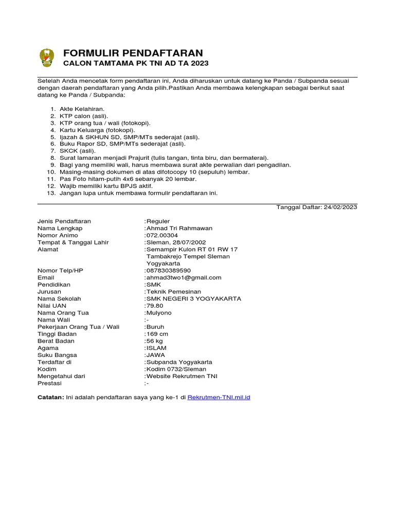 Formulir Pendaftaran Tamta TNI AD 2023 | PDF