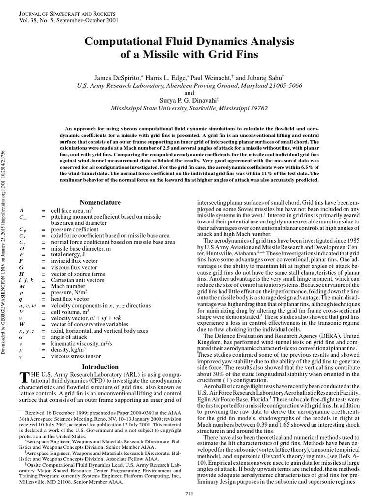 Despirito - 2001 - Computational Fluid Dynamics Analysis of A Missile With Grid Fins | PDF ...