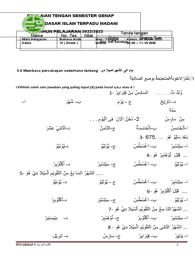 Soal PTS Genap Bahasa Arab 6 | PDF