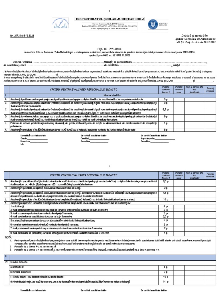 ANEXA 2 - Fisa - Evaluare - Personal Didactic de Predare - 2023-2024 | PDF