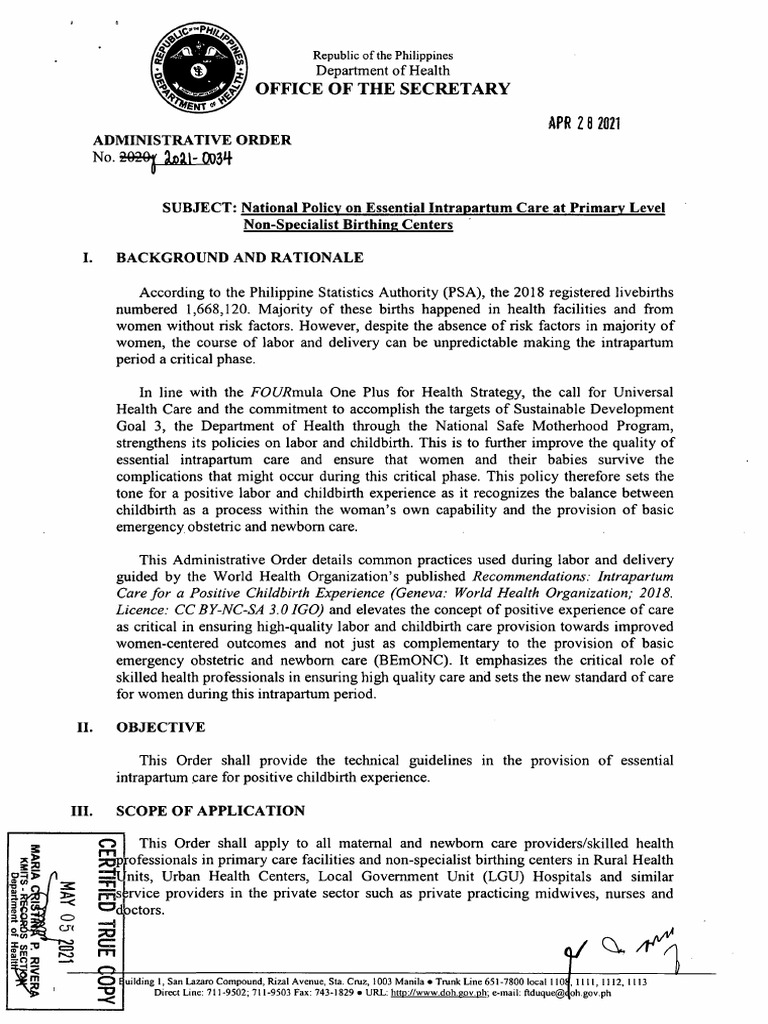 DOH-AO-2019-0034 Policy on Essential Intrapartum Care at Primary Level ...