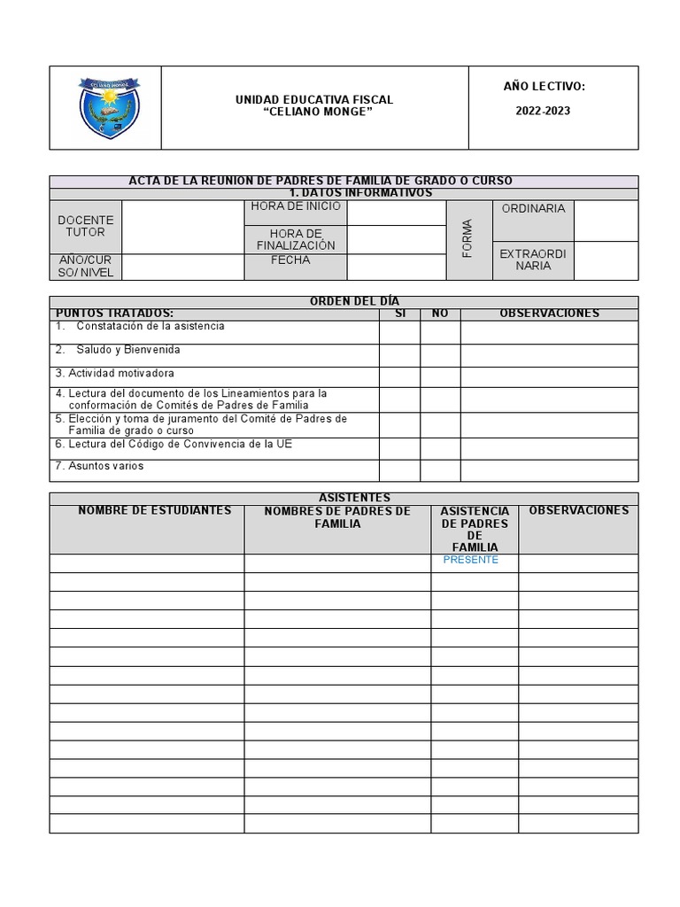 Acta de Reunion de Padres de Familia | PDF