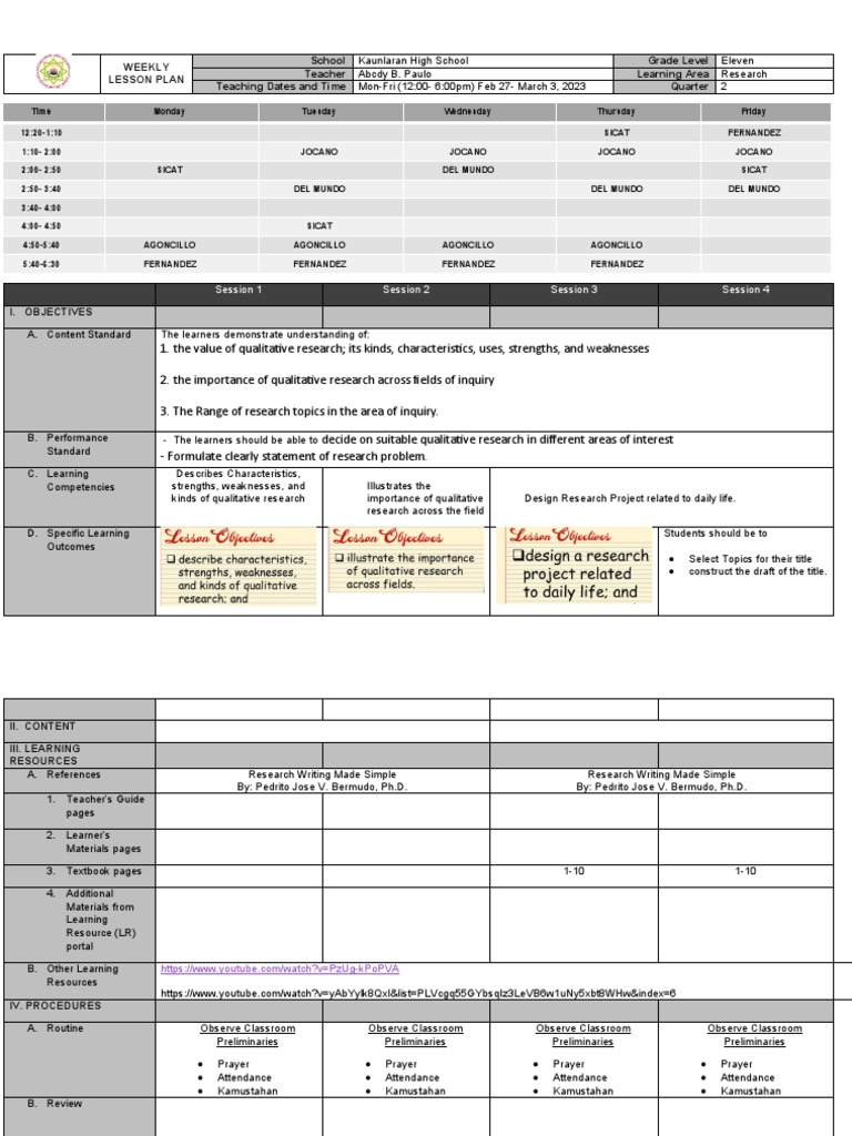 Weekly-Lesson-Plan-PR2-W3.doc | PDF | Learning | Qualitative Research