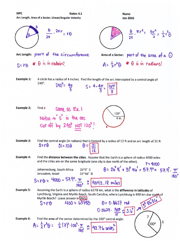 4.1 Notes - Arc Length - Area of Sector - Linear - and - Angular ...