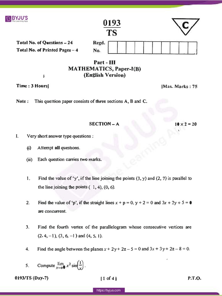 Telangana Board Inter 1st Year Mathematics - 1B - Question Paper 2017 ...
