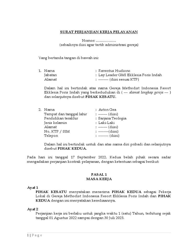 Surat Perjanjian Pelayan Gereja GMI Poris | PDF | Hukum
