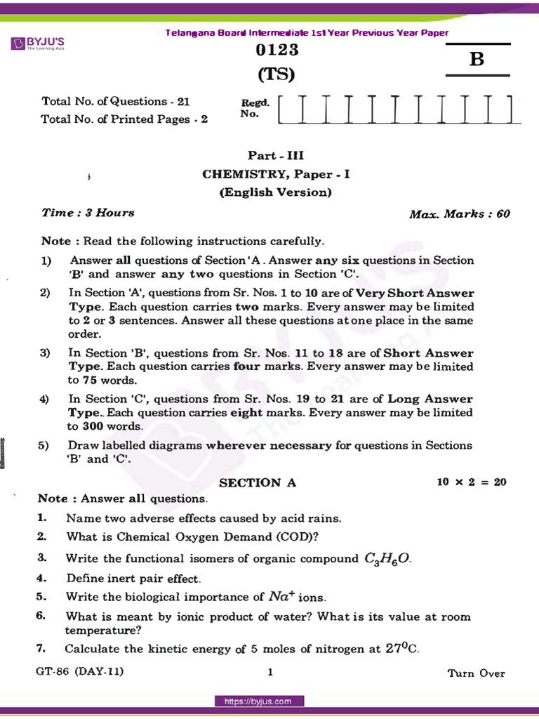 Telengana Board Inter 1st Year Chemistry EM Question Paper March 2017 ...