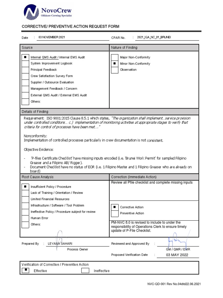 CPAR Form Rev04_2021_IQA_01_OPS BRUNEI | PDF | Audit | Business