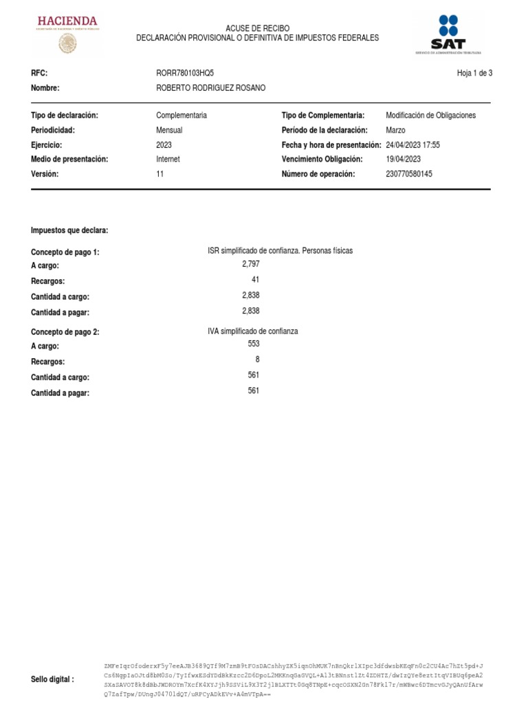 Acuse Declaracion Marzo Complementaria 2023 | PDF | Bancos | Impuesto sobre la renta