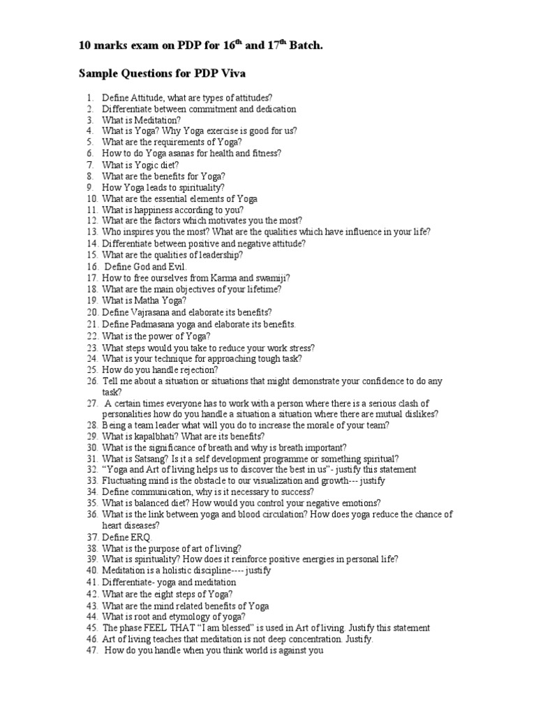 Sample Questions For PDP | PDF | Yoga | Meditation