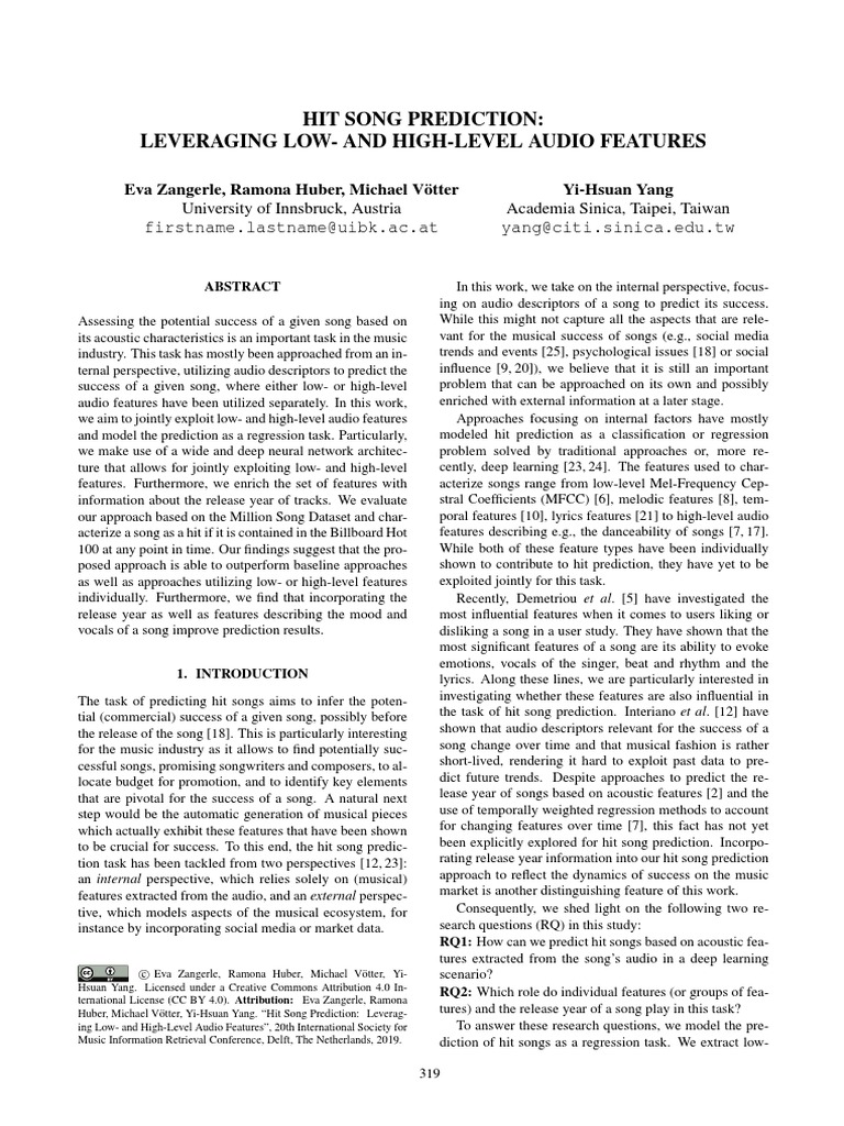 Hit Song Prediction Leveraging Low - and High-Level Audio Features | PDF